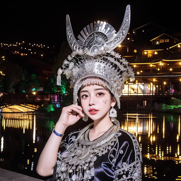 苗族服装 | Hmong costume - 牛角 | horns | image created by Sevr | Tensor.Art