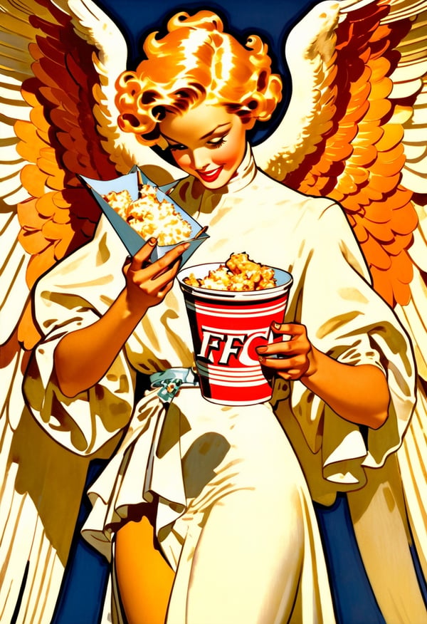 Angel with wings eating KFC ch | image created by NowhereManGo | Tensor.Art