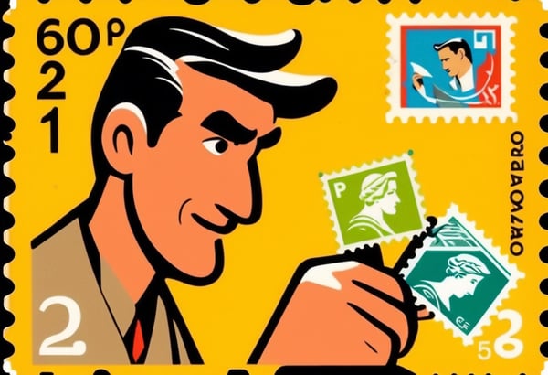 Postage stamp of a man looking | image created by NowhereManGo | Tensor.Art
