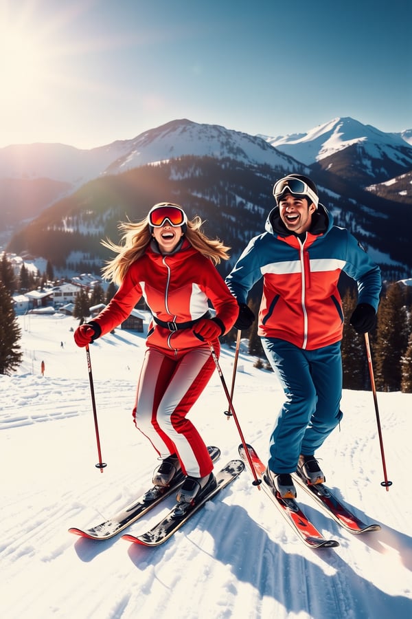 A couple skiing downhill on a | image created by NowhereManGo | Tensor.Art