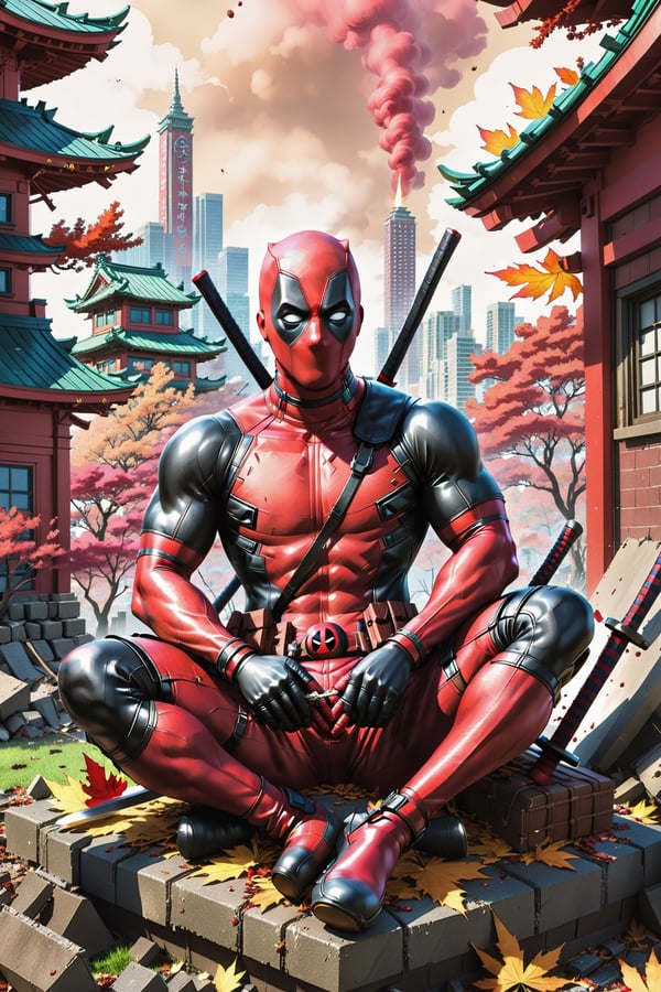 Deadpool, Ruins, Autumn | image created by miramura101 | Tensor.Art