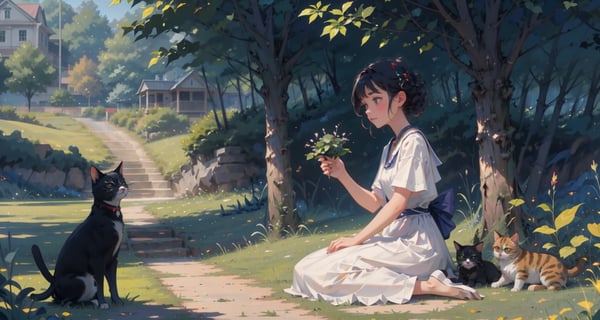 Girl, cat, park, anime | image created by Cowart | Tensor.Art
