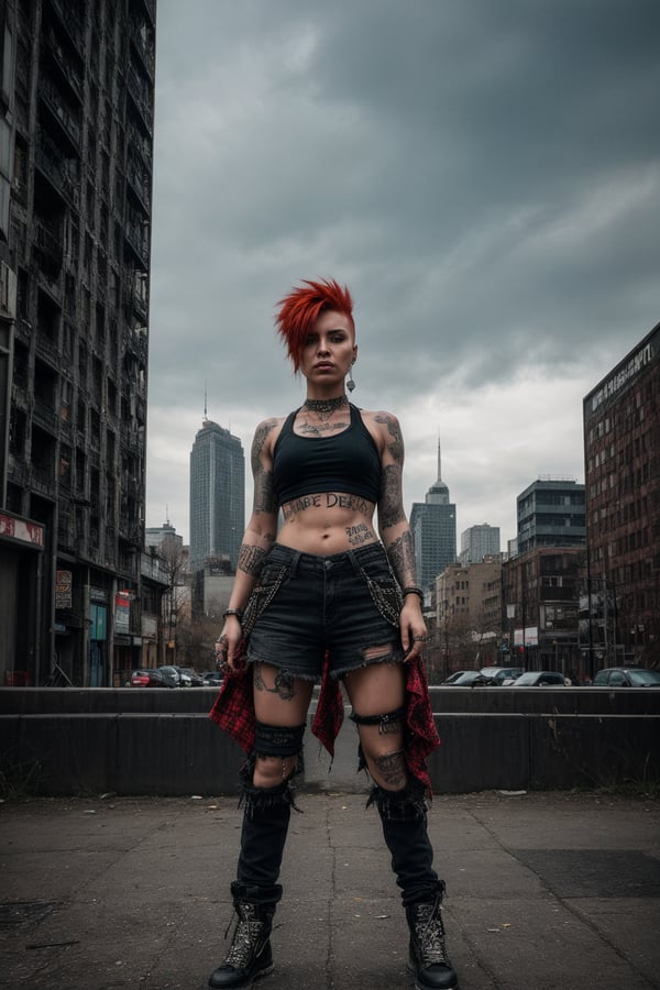 A rebellious punk woman stands | image created by SKLTNC | Tensor.Art
