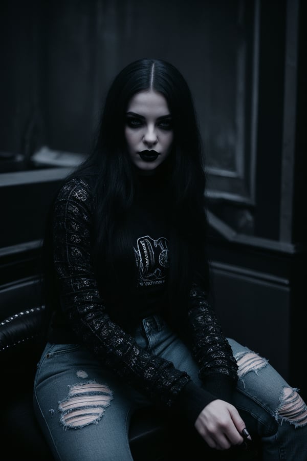 goth girl, black lipstick, lon | image created by SKLTNC | Tensor.Art
