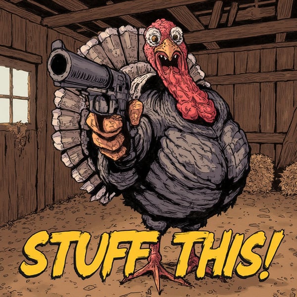 An enraged turkey points a gun | image created by Philosophy.AI ...