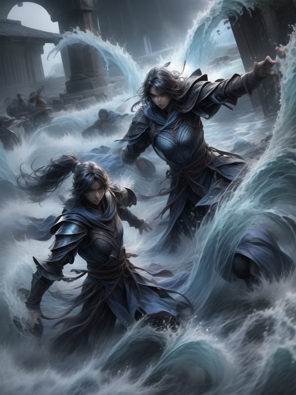 fight scene, in water, group o | image created by Hen | Tensor.Art