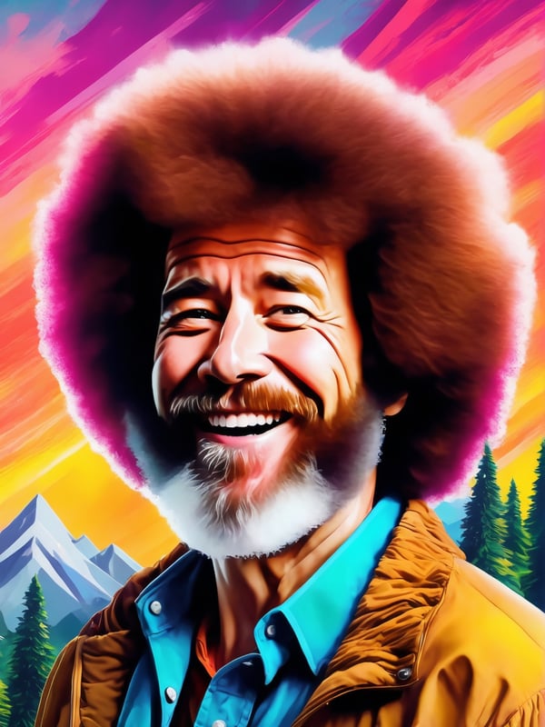 Bob Ross portrait, pine trees, | image created by AlterSprings | Tensor.Art
