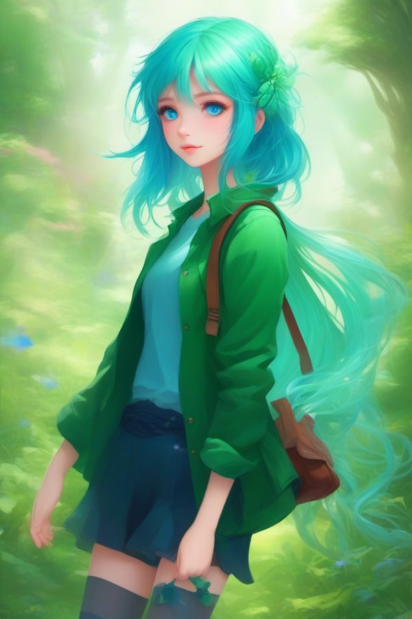 girl with blue eyes,green hair | image created by jay khatri | Tensor.Art