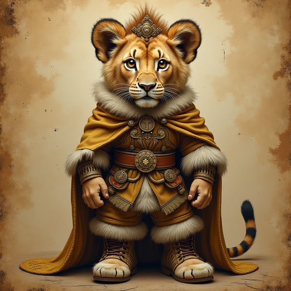 a pricely lion cub wearing a k | image created by Tavitaniko | Tensor.Art