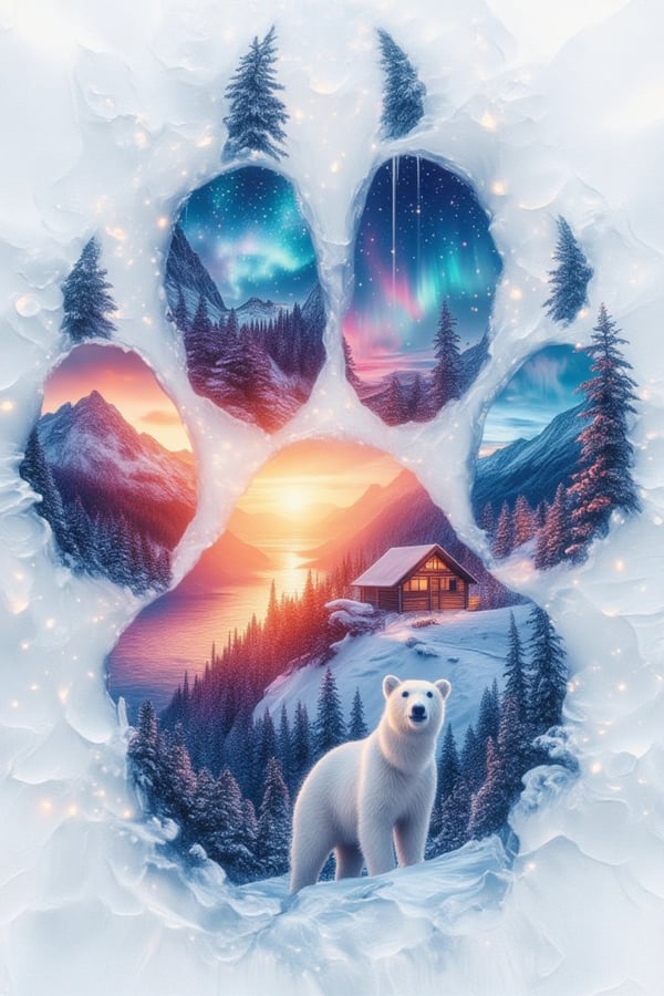 A bear paw print in snow, reve | image created by its10kdesign | Tensor.Art