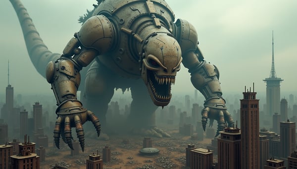 Giant robot city destruction | image created by doorskim | Tensor.Art
