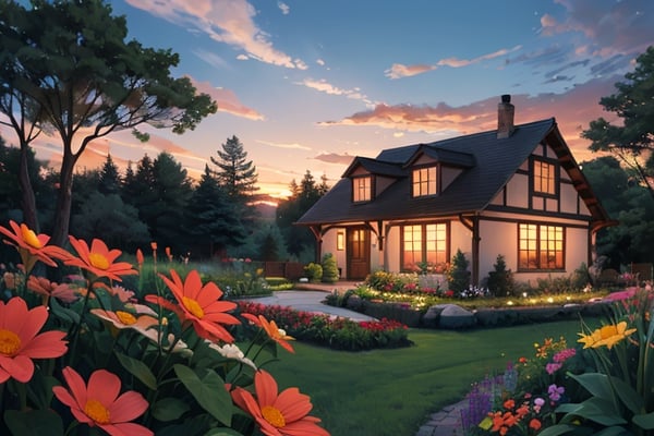 Sunset, a house in a garden wi | image created by Proteo Caótico 2 ...
