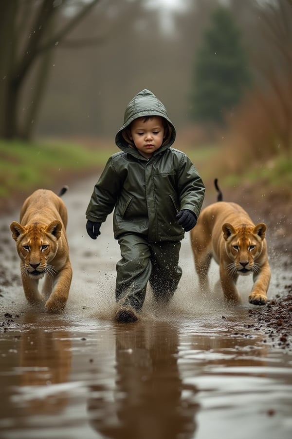 cute boy and 2 lion babies | image created by Random_AI | Tensor.Art