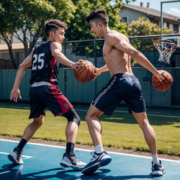 Boys' pastime：basketball 1 on | image created by PurinAI | Tensor.Art