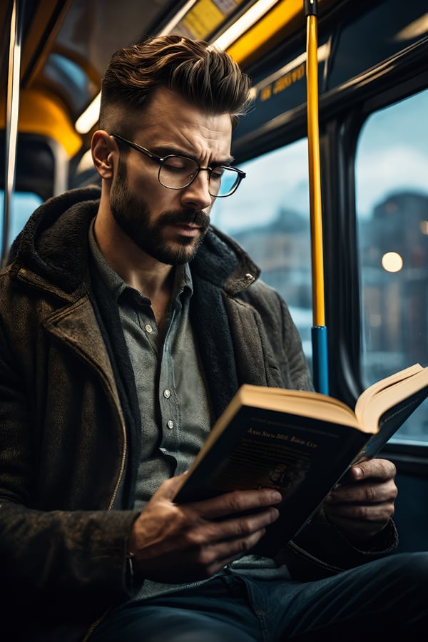 Reading in bus | image created by evgeny_kozlov | Tensor.Art