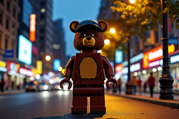 A giant LEGO bear walks behind | image created by Fabiola | Tensor.Art