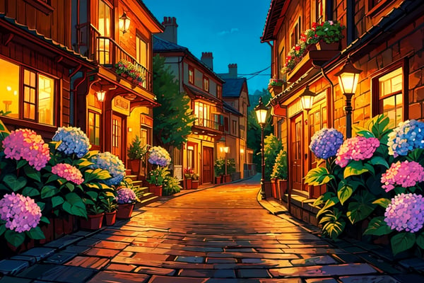hydrangeas, street lamps, hill | image created by 靜川湊 | Tensor.Art