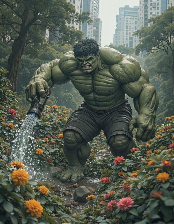 Angry Hulk watering plants in | image created by leapculi | Tensor.Art