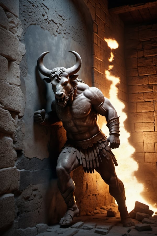 Minotaur in the catacombs | image created by ~~Not_A_Robot~~ | Tensor.Art