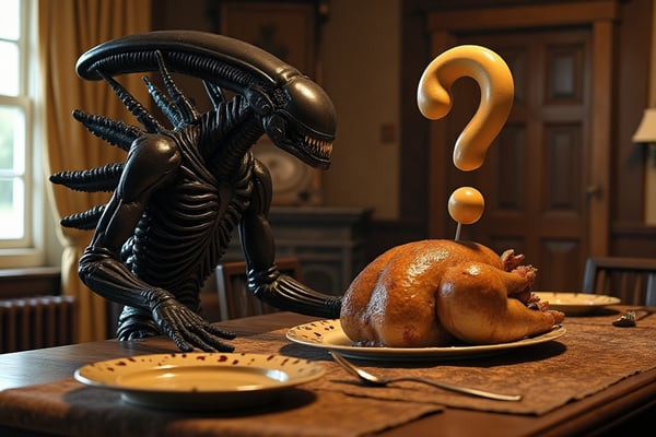 Xenomorph alien sitting on a f | image created by C.K.llog | Tensor.Art