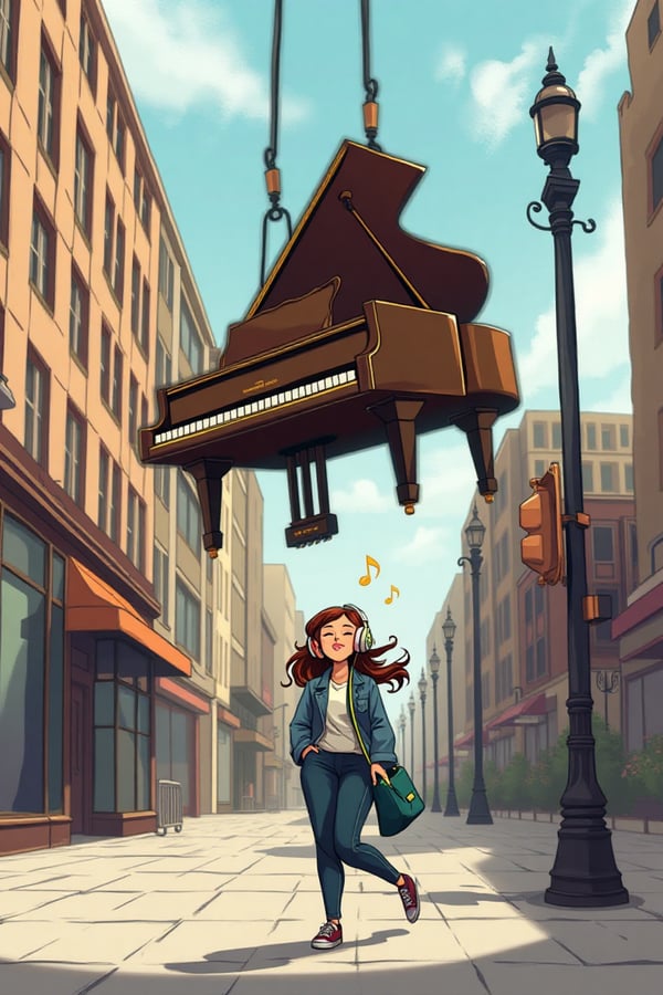 a grand piano dangling above a | image created by byebyebirdie | Tensor.Art