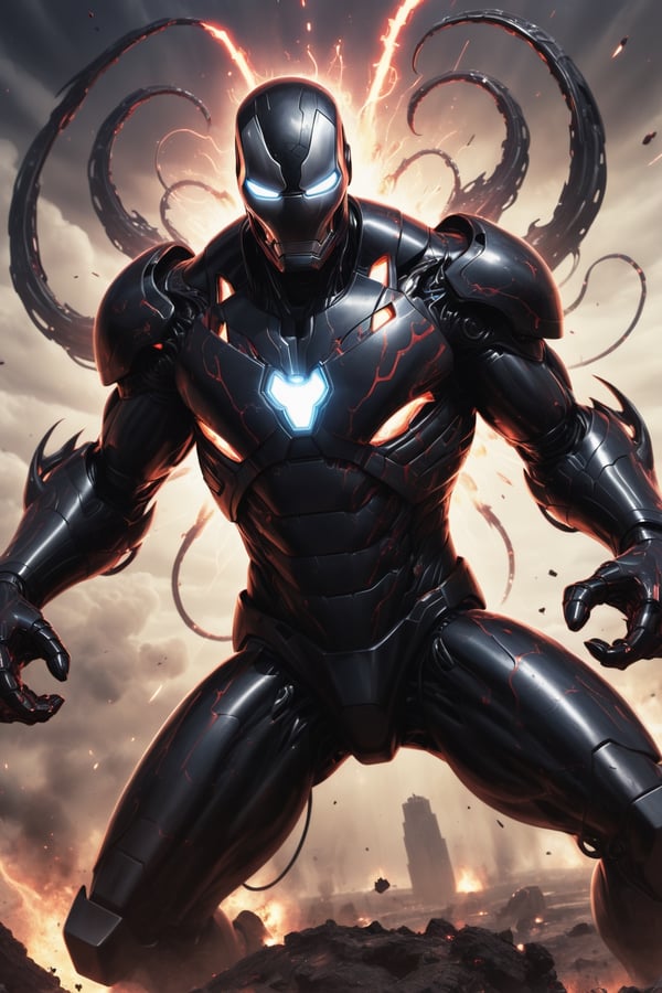 Venom Iron Man flies above a v | image created by wnderaflya | Tensor.Art