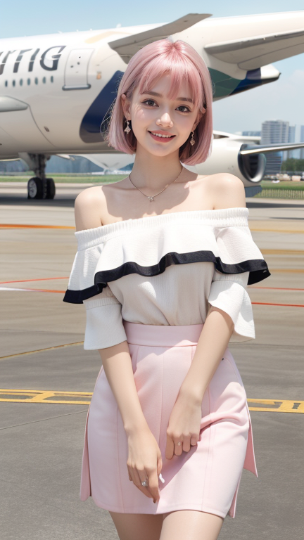 A350 機の前でポーズ | image created by 味の素 | Tensor.Art