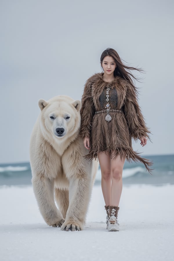 A polar bear and a woman walk | image created by FINIFISH | Tensor.Art