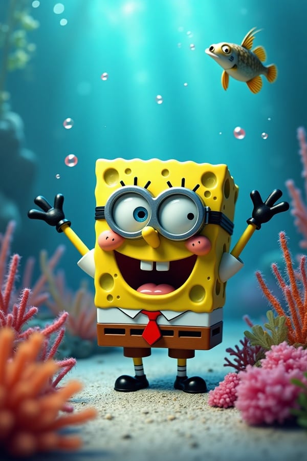Minion as SpongeBob, underwate | image created by Monger | Tensor.Art