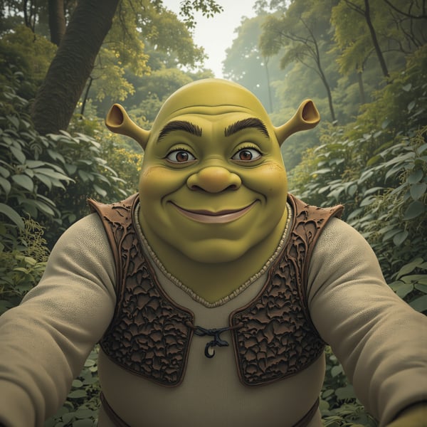 Shrek, Taking a selfie in fore | image created by xVoRoNx | Tensor.Art
