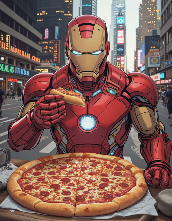 Iron man eating pizza | image created by rovaout | Tensor.Art