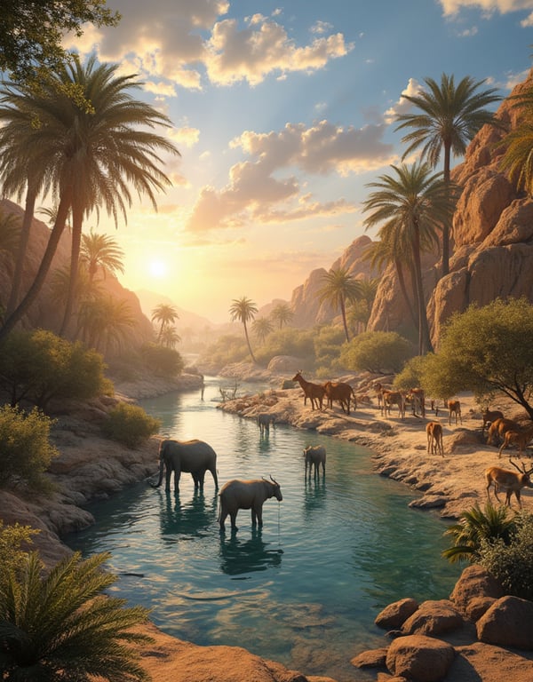 a desert oasis, animals coming | image created by Clarity | Tensor.Art