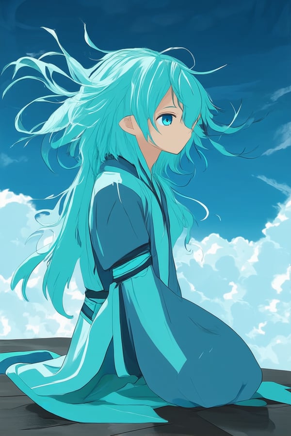 A serene blue-hued anime scene | image created by Rick Yundt | Tensor.Art