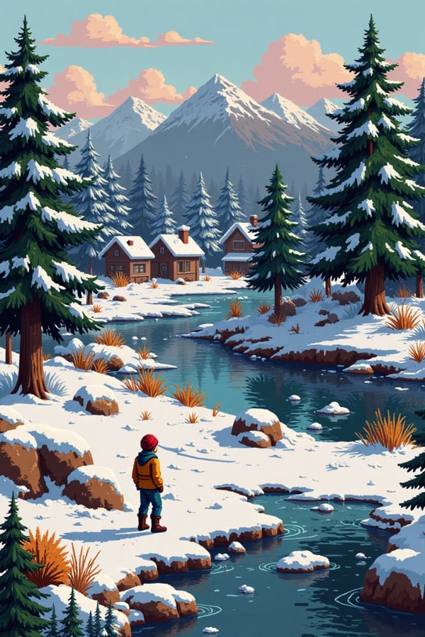 "8-bit pixel art snowy landsca | image created by andux | Tensor.Art