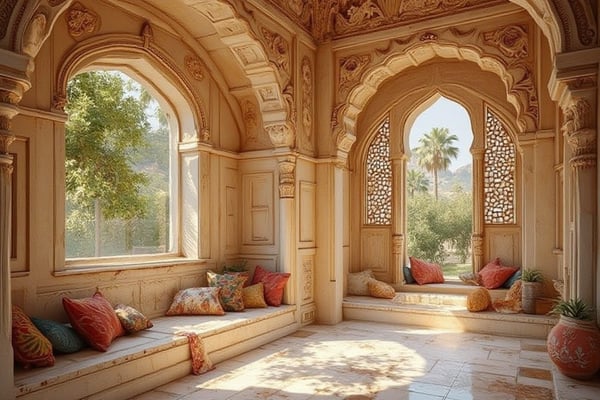 Ornate alcove with cushioned s | image created by Poloniya | Tensor.Art