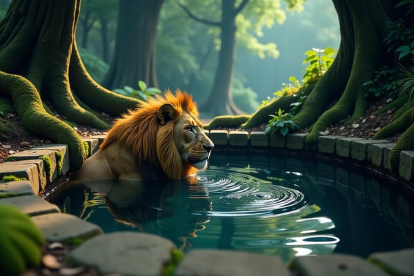 lion taking bath | image created by user_781378401092225218 | Tensor.Art