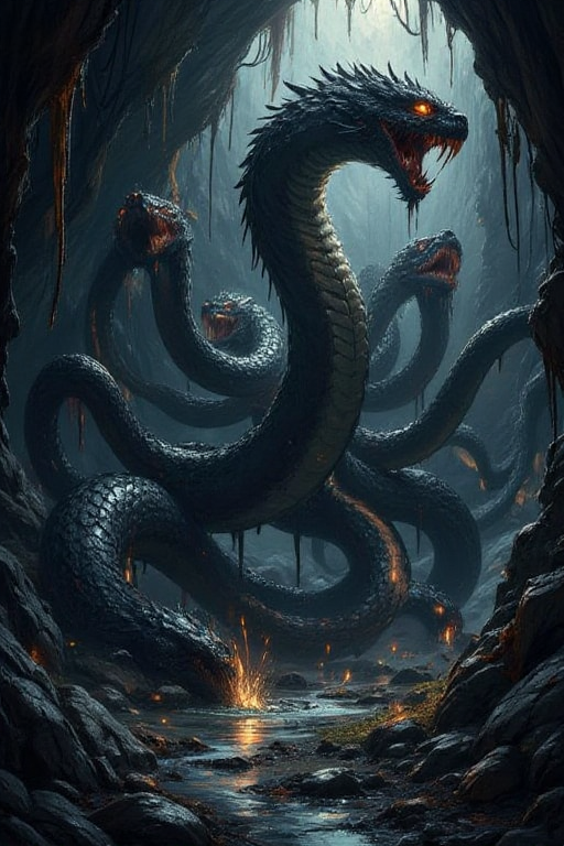 A towering, multi-headed snake | image created by R13 | Tensor.Art
