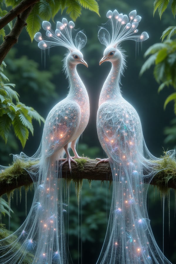 Two white fairy birds in parad | image created by VeraIll | Tensor.Art
