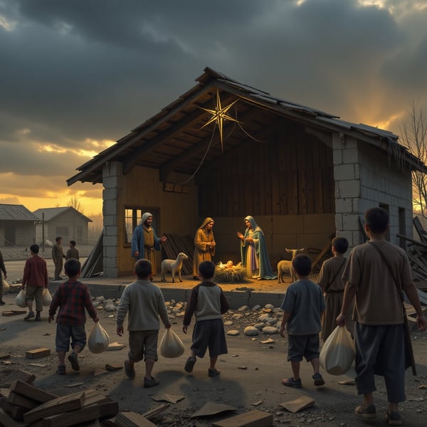 " nativity in a devastated rur | image created by OléaSTeR | Tensor.Art