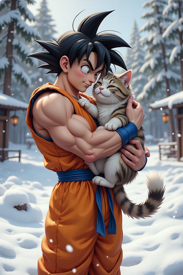 goku hugging a cat in the snow | image created by andrewssen | Tensor.Art